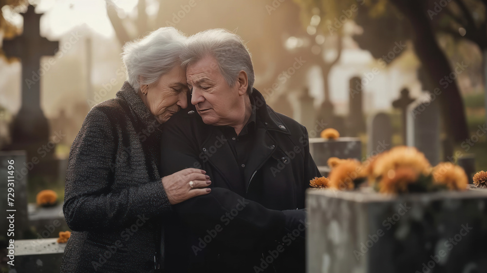 Funeral, graveyard and senior couple in cemetery for comfort, empathy ...