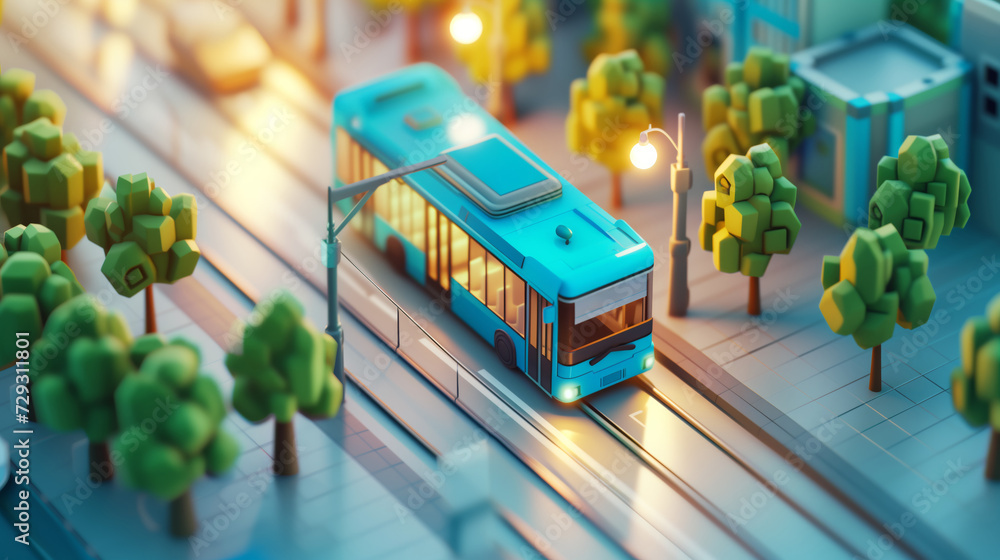 3D model of public transport, bus on city roads with green trees and ...