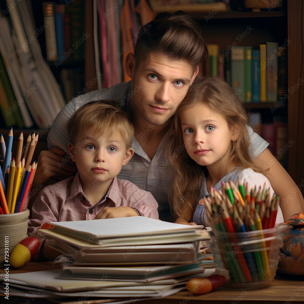 Preschoolers boy and girl with a tracher get ready for school. Back to ...
