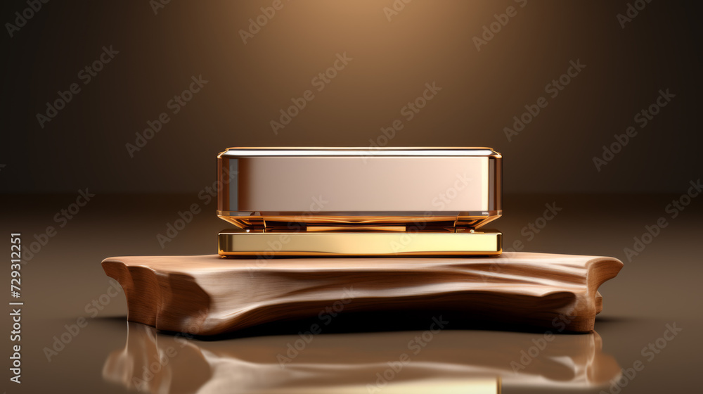 Luxury bronze podium on wooden podium, tree branch, studio background ...