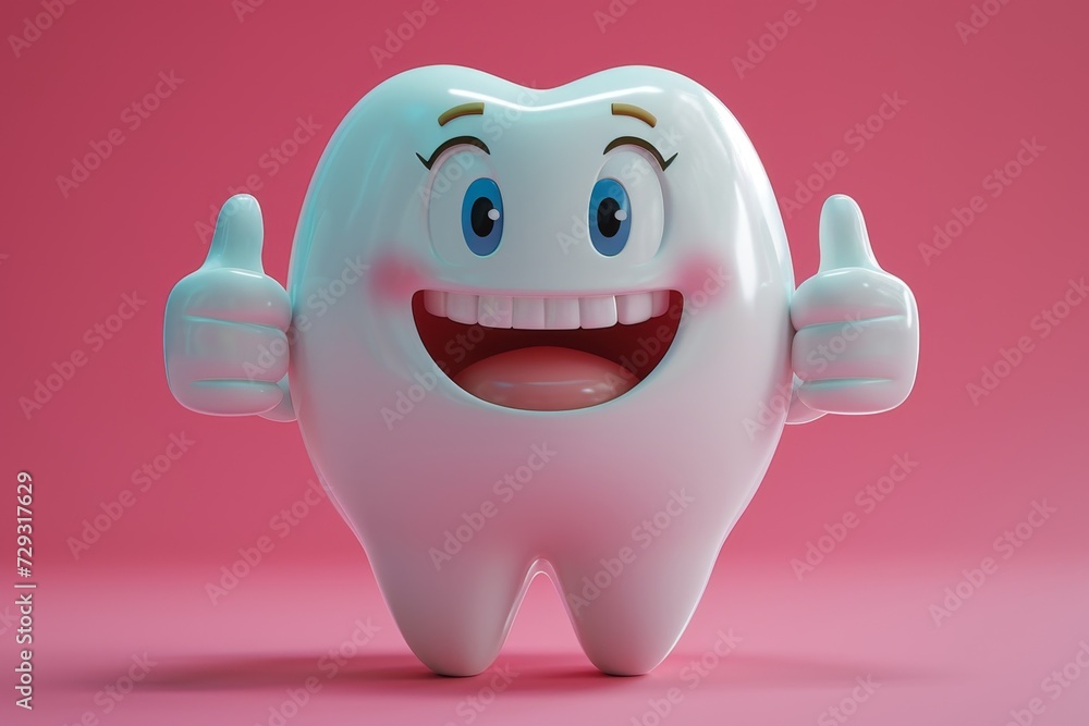 A funny animated tooth shows a class gesture on a pink background. 3d ...