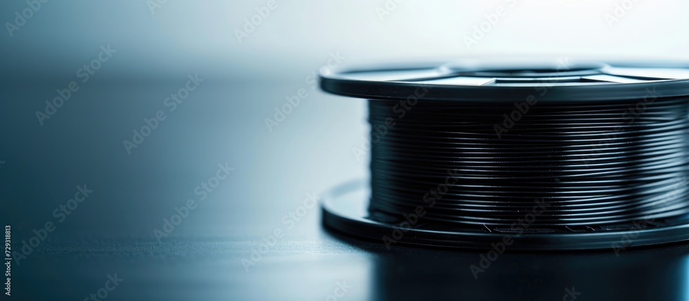 Black 3D printer filament on dark surface, white background, 1.75 ...
