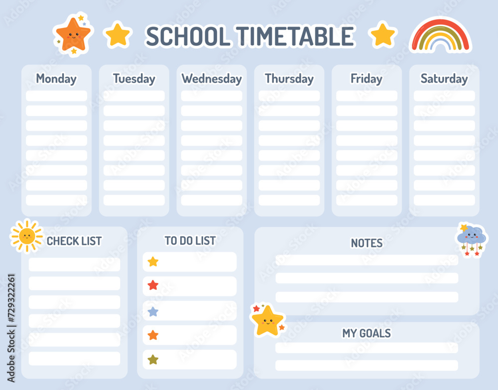 School timetable for kids. Weekly planner. Printable schedule for kids ...