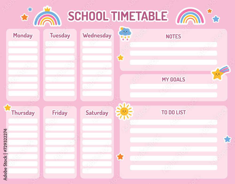 School timetable, printable weekly planner for kids. Lessons, class ...