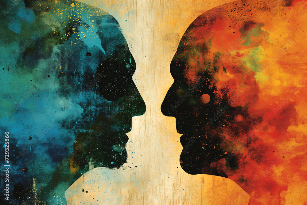 painting of two profiles facing each other. The left profile is blue ...