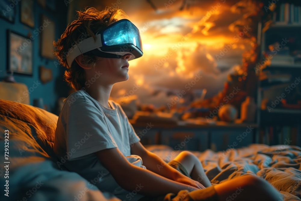 Child with VR headset in his home, playing video games, experiencing ...