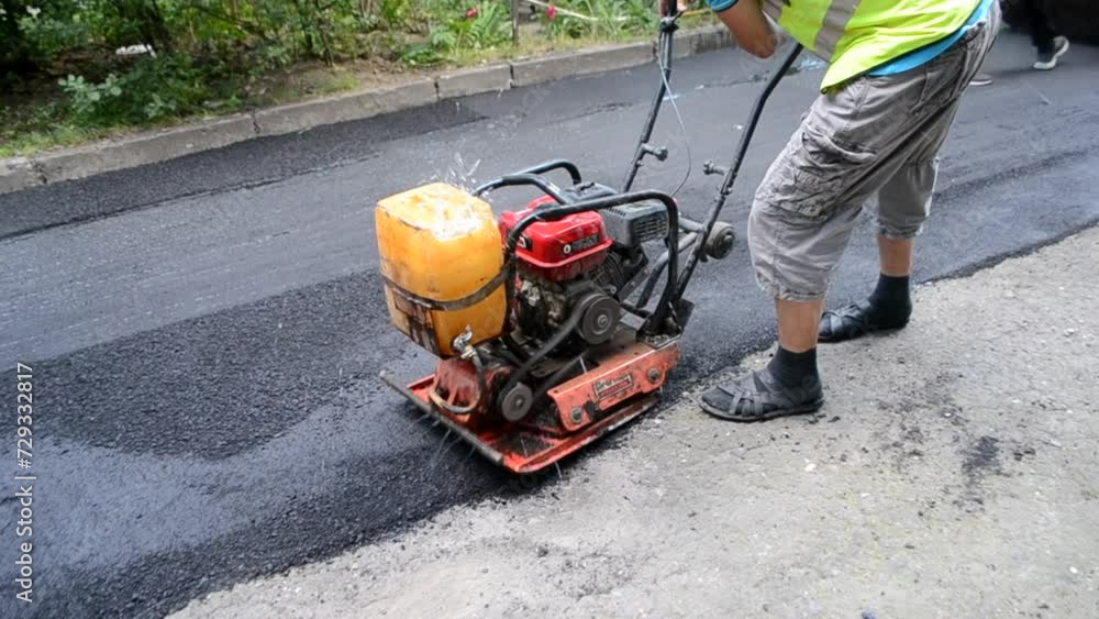 Worker man manually compacts an asphalt concrete mixture with a old ...