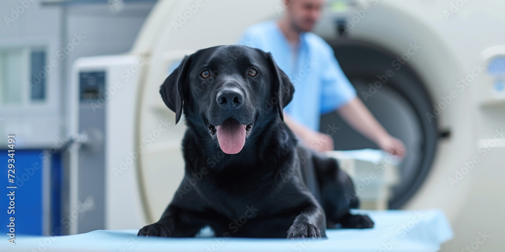 Vets examining x-ray on Labrador dog lying in veterinary surgery ...