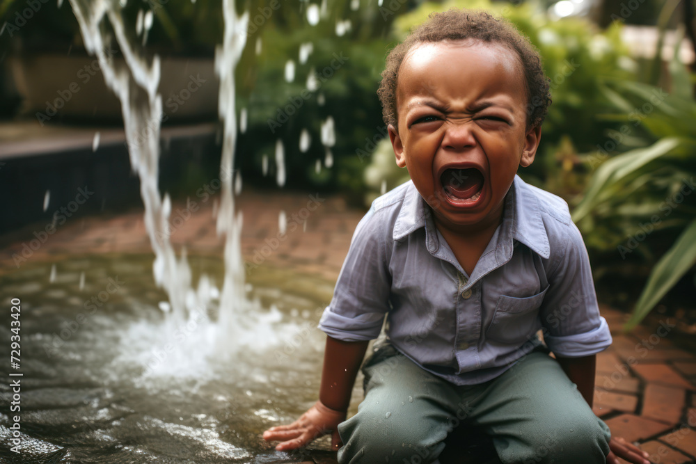 3-year-old boy, South African, in a garden, crying loudly because he's ...