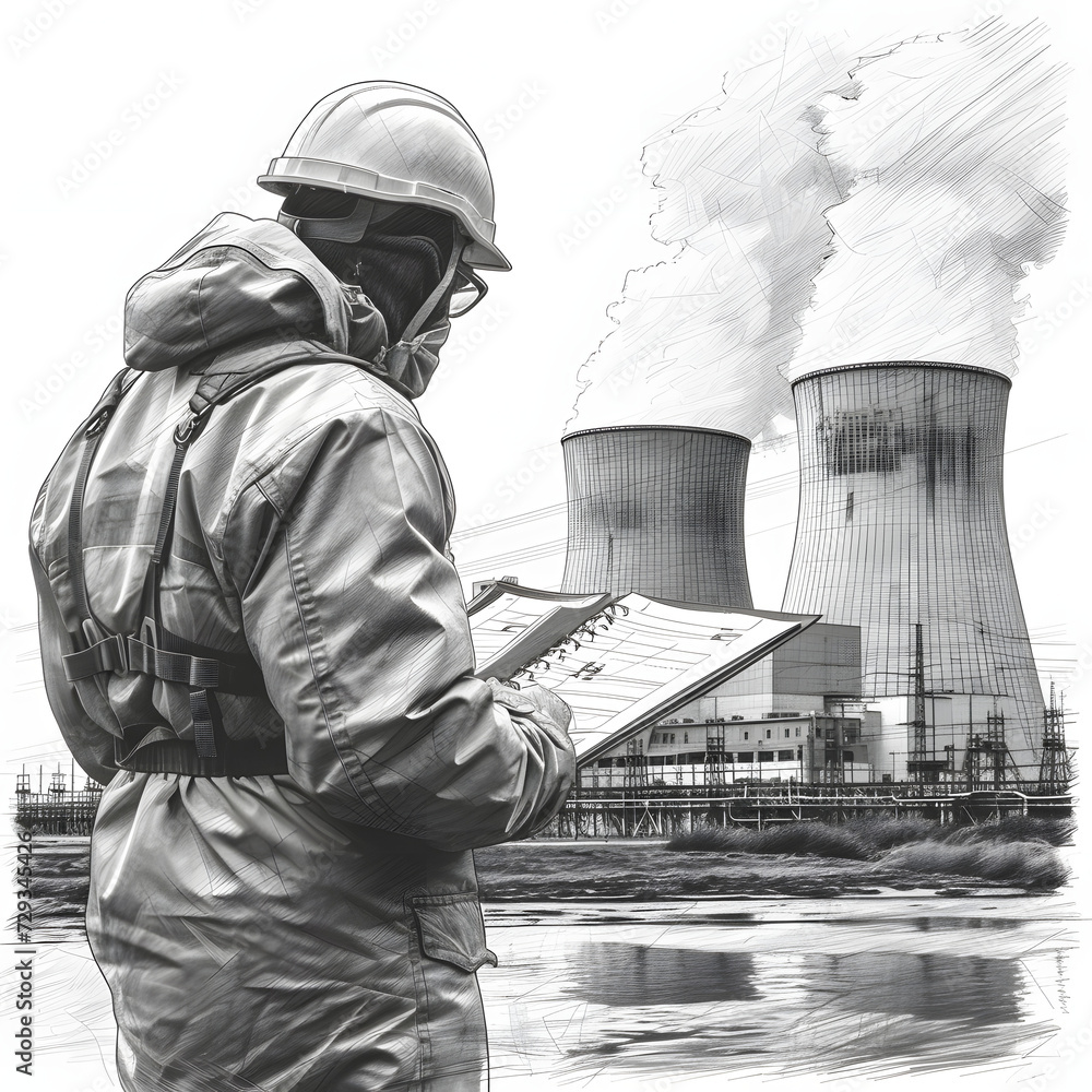Maintenance worker at a nuclear facility isolated on white background ...