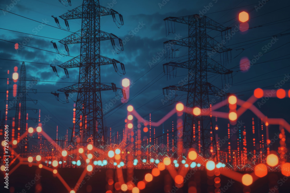 Stock market business and electric pole energy industry banner ...