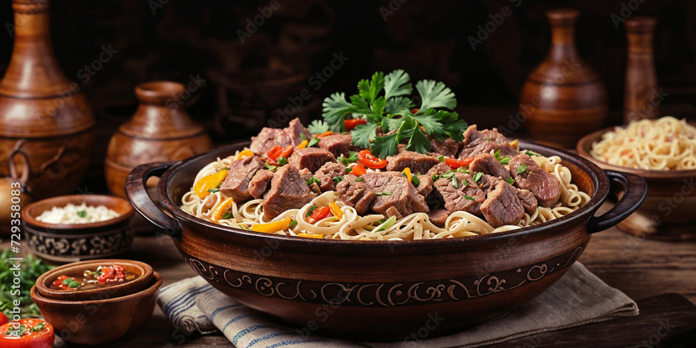 Kazakh Beshbarmak, a traditional delight, features tender boiled meat ... Kazakh Beshbarmak, a traditional delight, features tender boiled meat ...