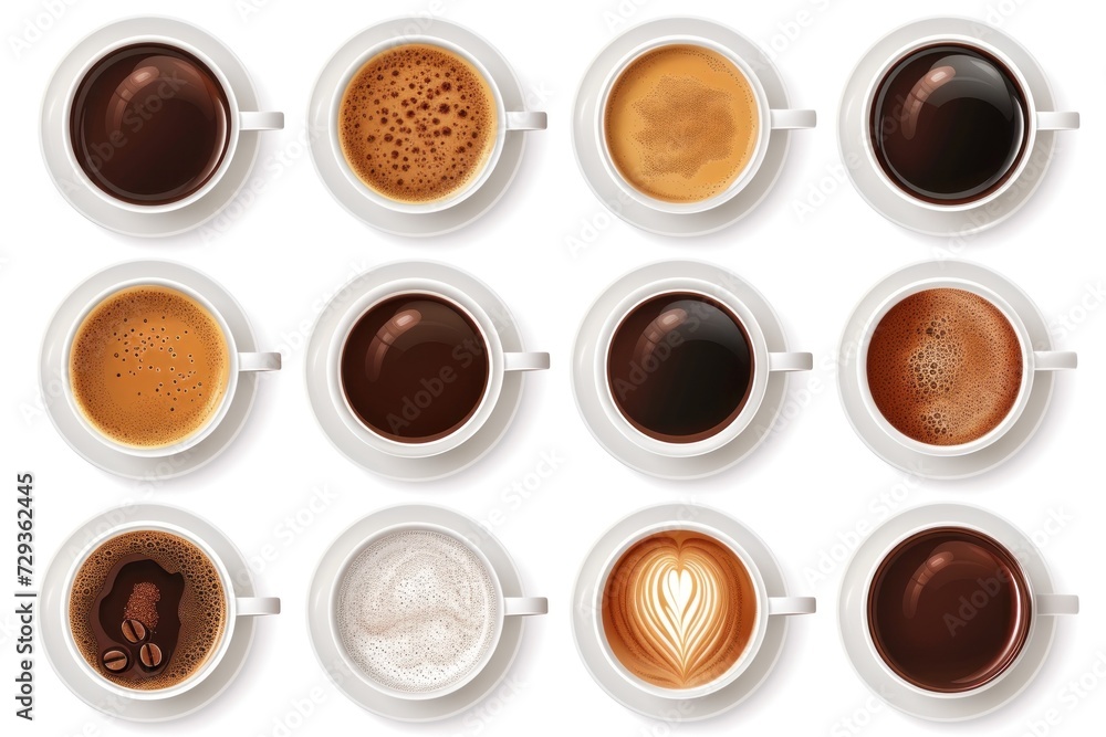 Vector set of 12 cups with different types of coffee from top view on ...