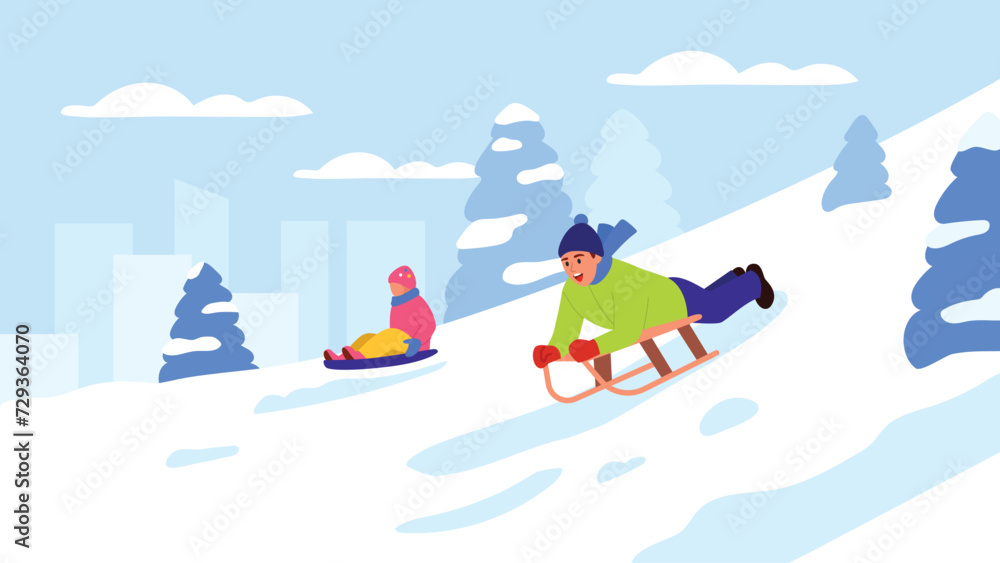 Vector illustration of a winter landscape with children descending from ...