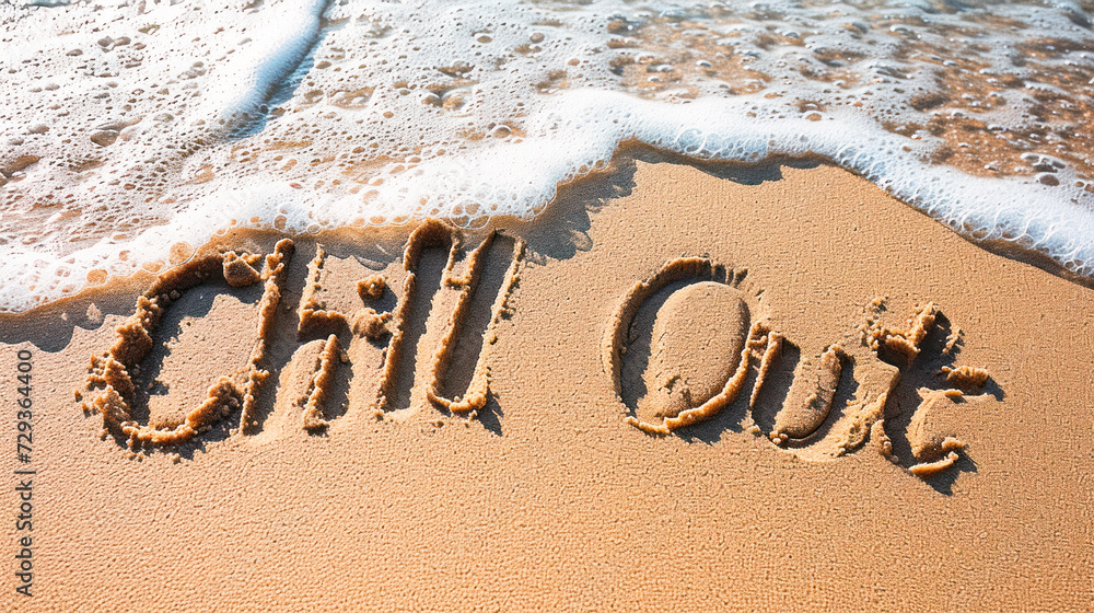 Relaxing summer vibes, Chill Out message handwritten in the sand on a ...