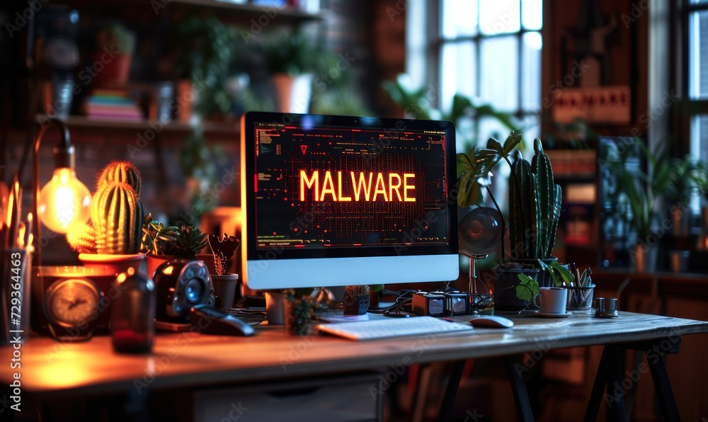 Cybersecurity alert concept with a MALWARE warning on a computer screen ...