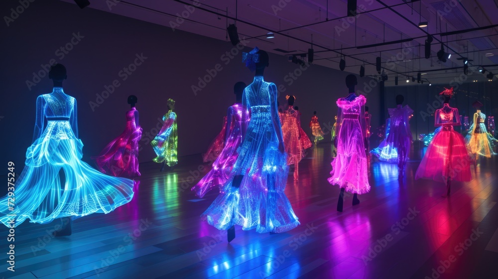 light room holographic fashion show with virtual models wearing ...