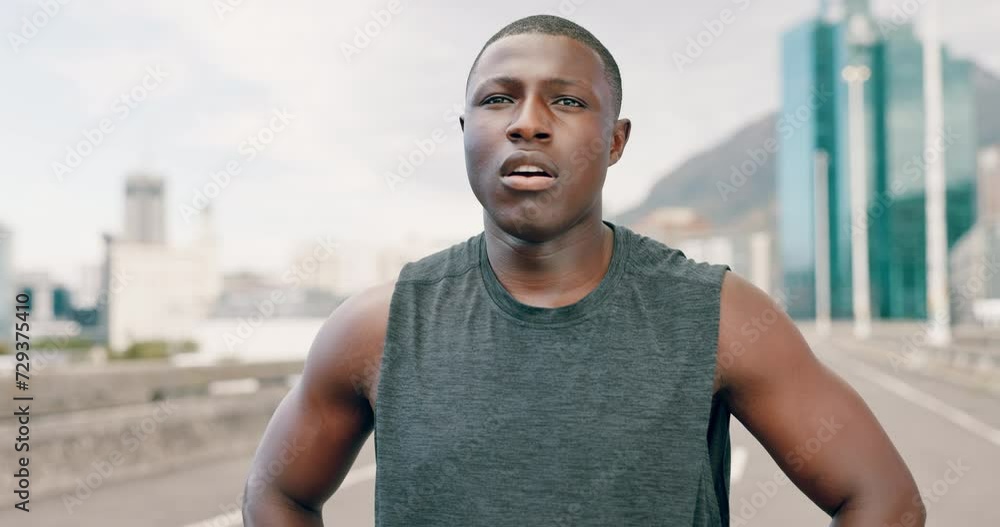 Tired, black man and runner in city on break, fatigue and exhausted ...