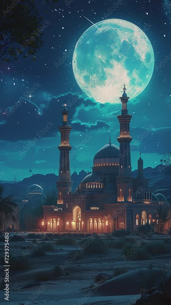 Animation of islamic decoration background. Mosque with a full moon and ...
