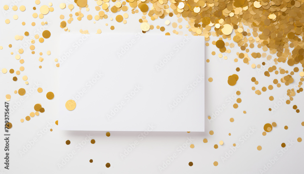 Blank text card surrounded by golden glitter particles, confetti or ...