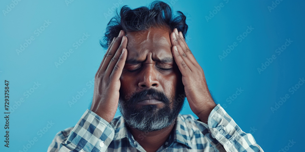 Indian adult man holding hands near head while suffering from painful ...