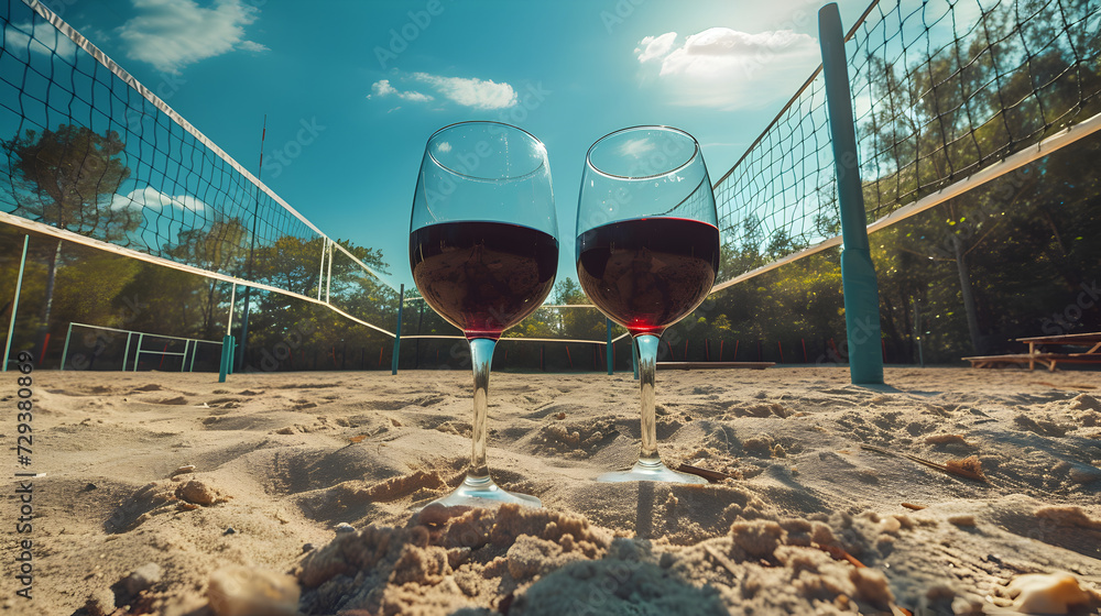 Cinematic wide angle photograph of two red wine glasse at a volleyball ...