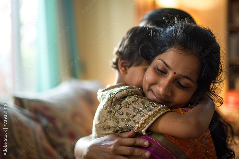 Portrait of happy Indian mommy and her child baby toddler kid hugging ...