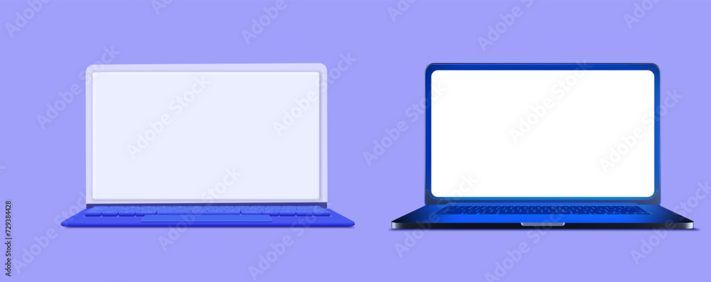 Two Vibrant Blue Laptops with Blank Screens on Purple Background. A pair of modern blue laptops ...