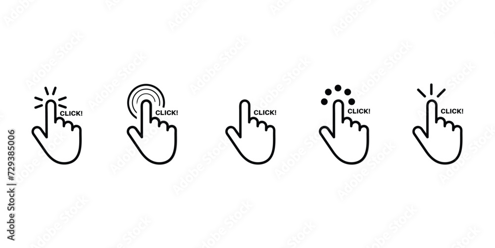 Hand click icon set in line style. Click here, Hand clicking, finger, Touch screen, pointer ...