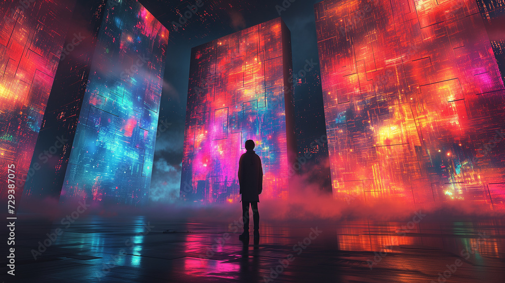 Portrait of amazed young woman in a VR headset explores the metaverse's ...