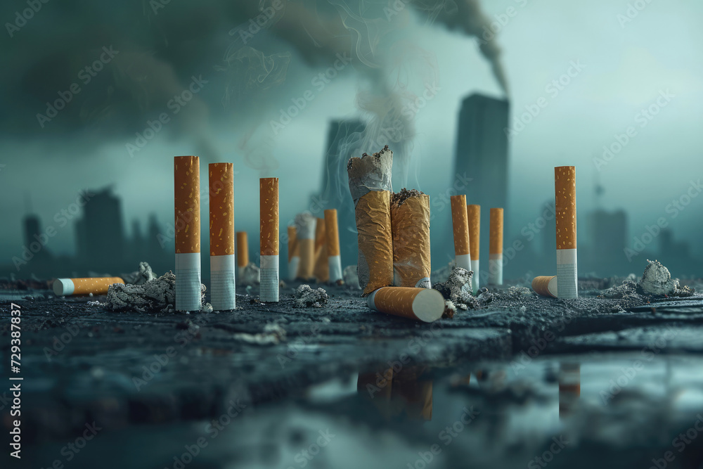 Harm of smoking. Cigarette butts and ashes. Concept of dangerous ...