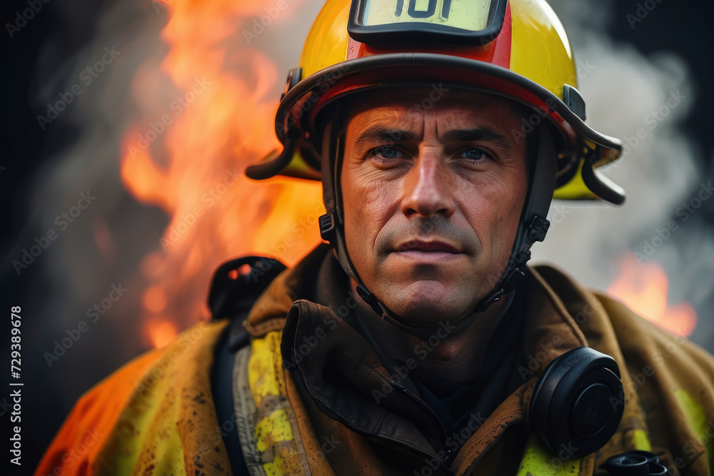 male firefighter with a cloud of fire and smoke in the background. 911 ...