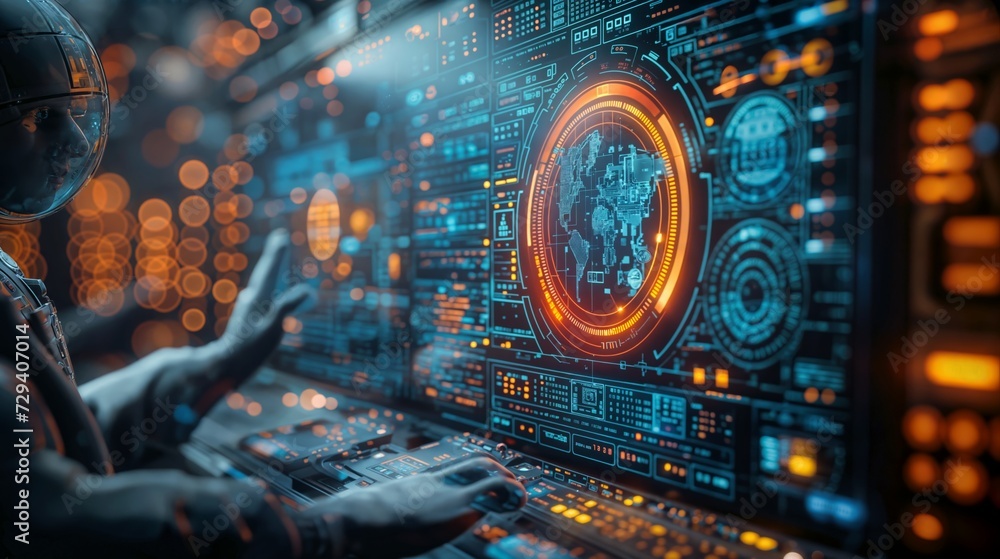 technologist in a lab looking at digital interface, in the style of ...