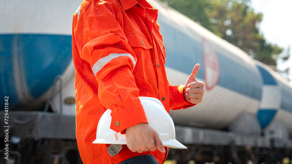 Action of a supervisor in orange coverall is thumbs up with holding a ...