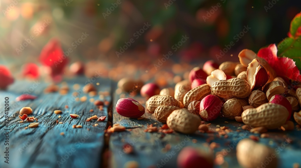 Scattered raw peanuts captured in a warm glow, ready for culinary ...