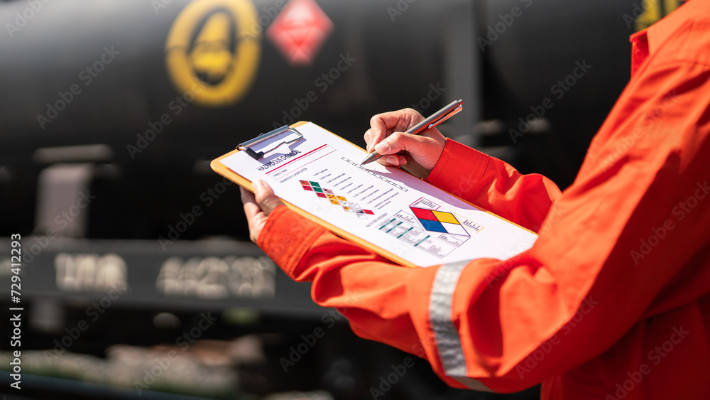 Action of an engineer is checking on chemical hazardous material ...