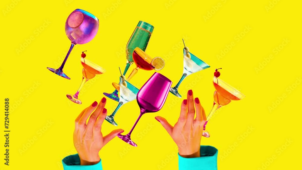 Cocktails menu. Female hand over various cocktails against yellow ...