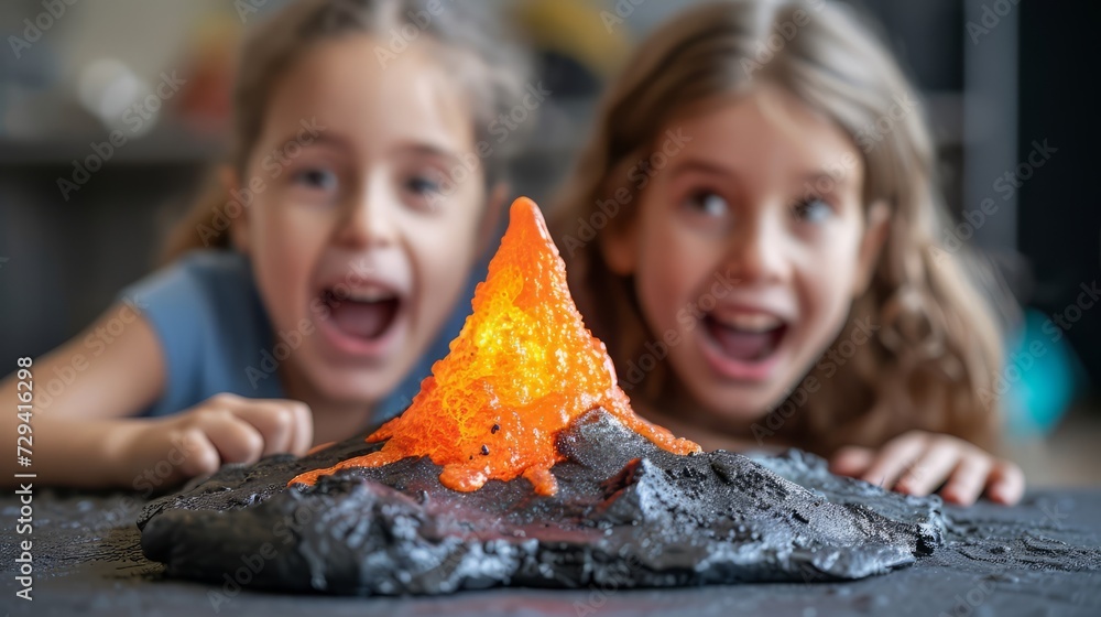 Children Amazed by Science Experiment Volcano, Excited children ...