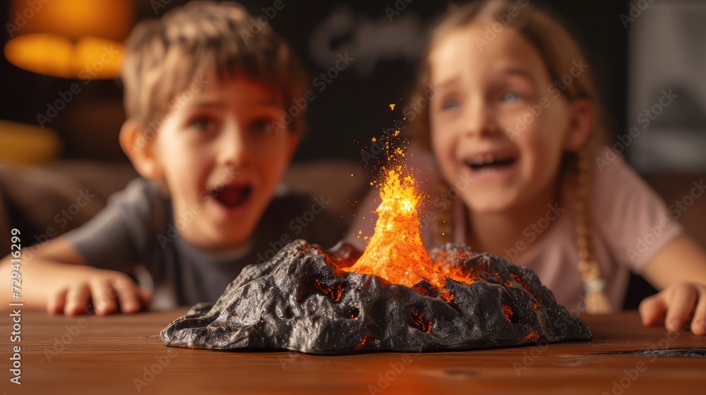 Children Amazed by Science Experiment Volcano, Close-up on a homemade ...