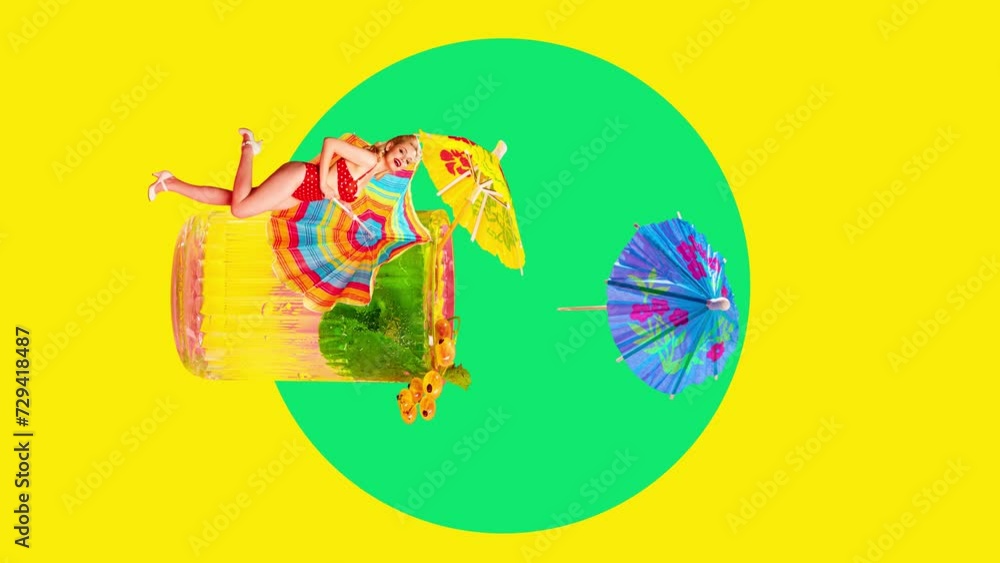 Refreshment. Young girl in swimsuit near giant mojito cocktail. Summer ...