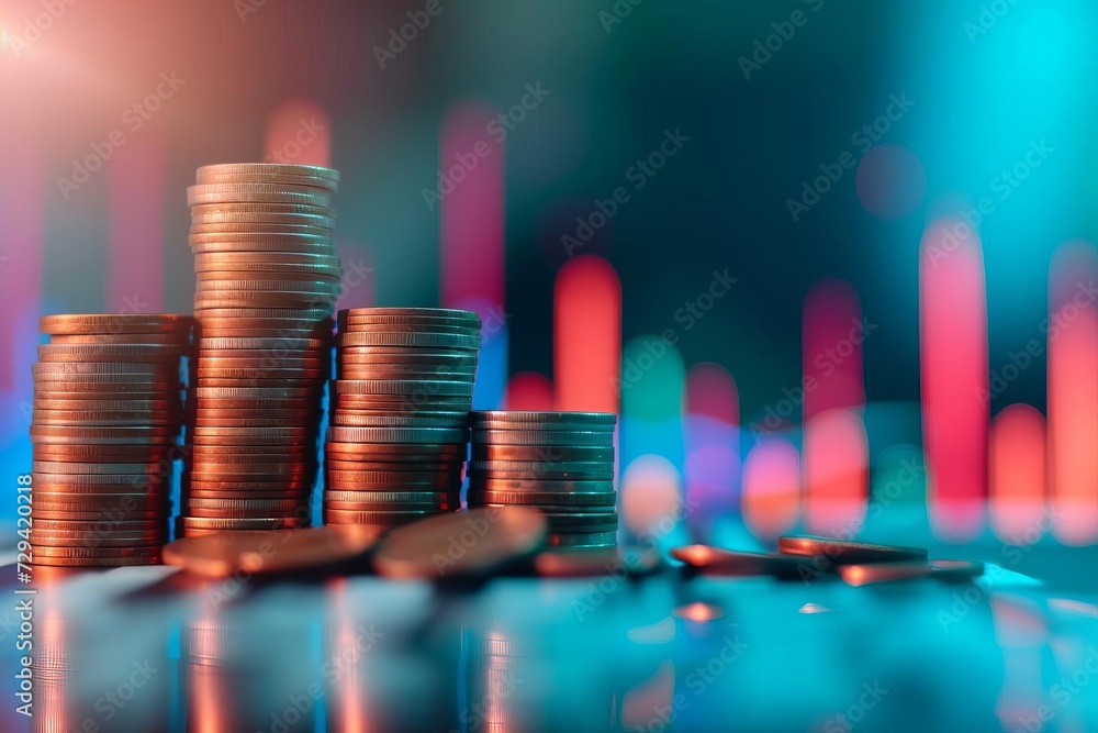 Ascending stack of coins against a backdrop of rising graph charts ...