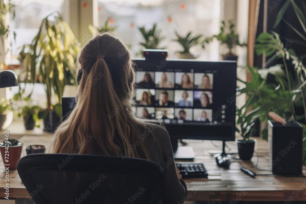 Back view of a female employee on a video call with colleagues ...