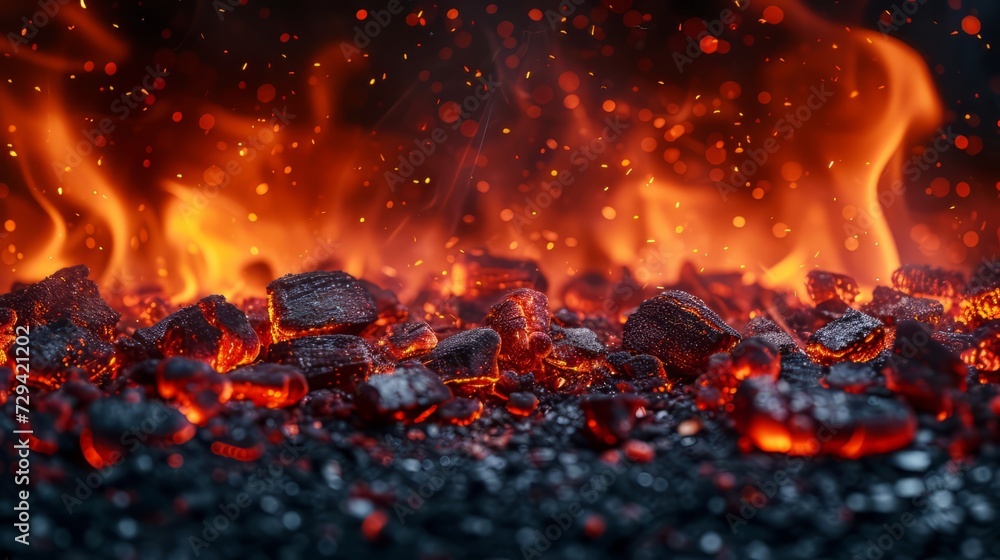 Glowing Charcoal and Flames in a Grill, Hot burning charcoal and vivid ...