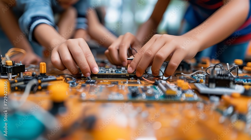 Kids Engaged in Hands-On Electronics Project, Close-up of children's ...