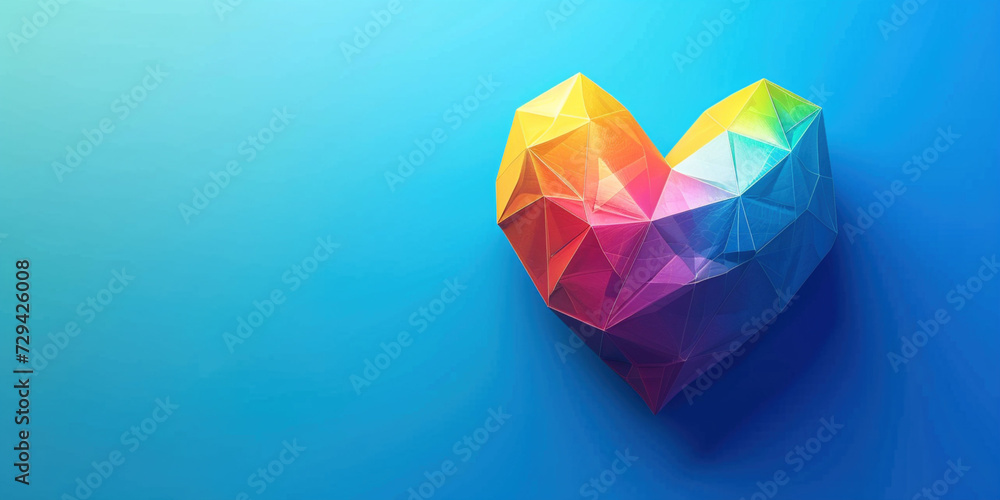 Banner of 3D heart on blue studio background in color of LGBTQ pride ...