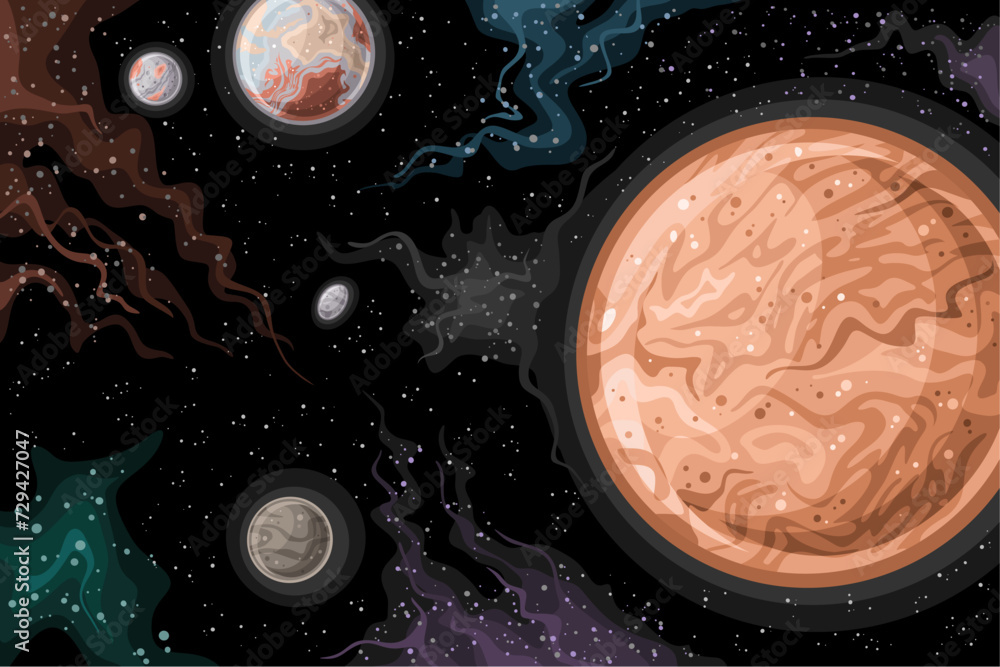 Vector Fantasy Space Chart, horizontal astronomical poster with cartoon ...