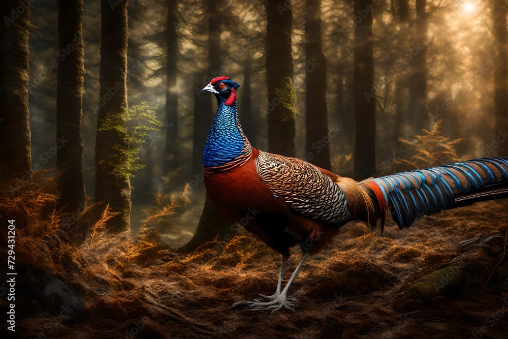 A serene countryside setting reveals a magnificent pheasant in perfect ...
