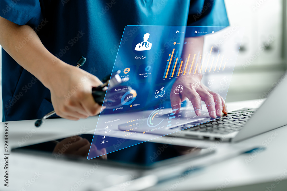 Medicine doctor use digital tablets to work medical dashboard interface virtual screen, diagnose ...