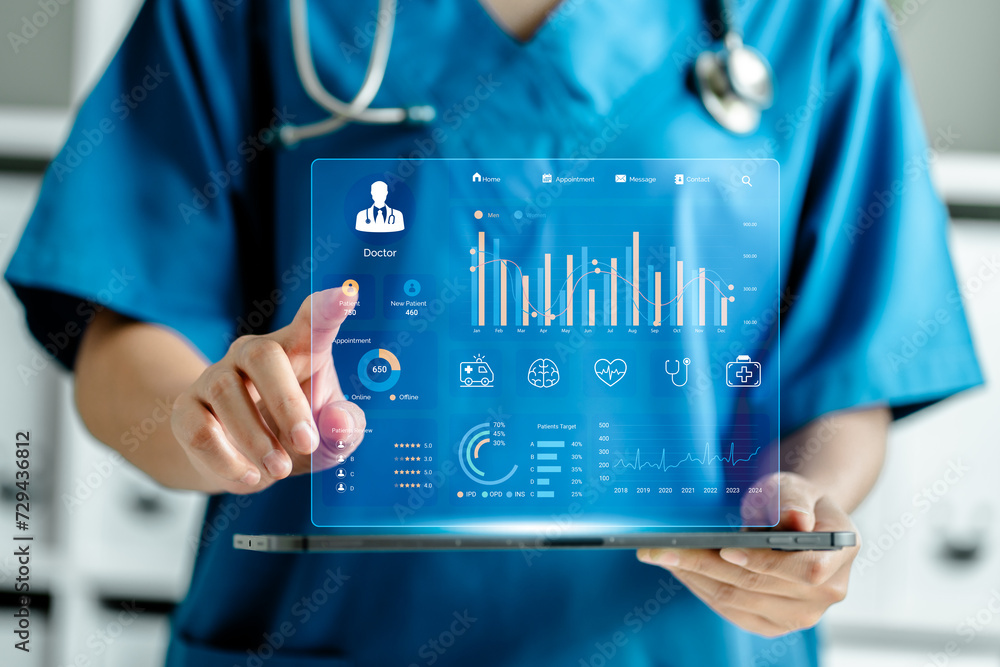 Medicine doctor use digital tablets to work medical dashboard interface ...