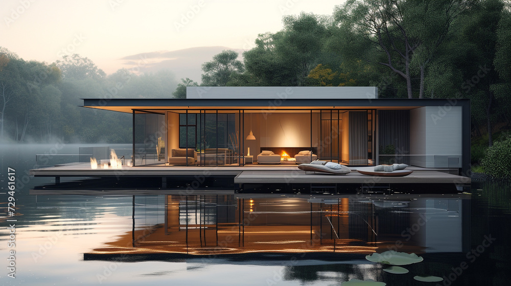 A modular, floating residence surrounded by water, featuring clean ...